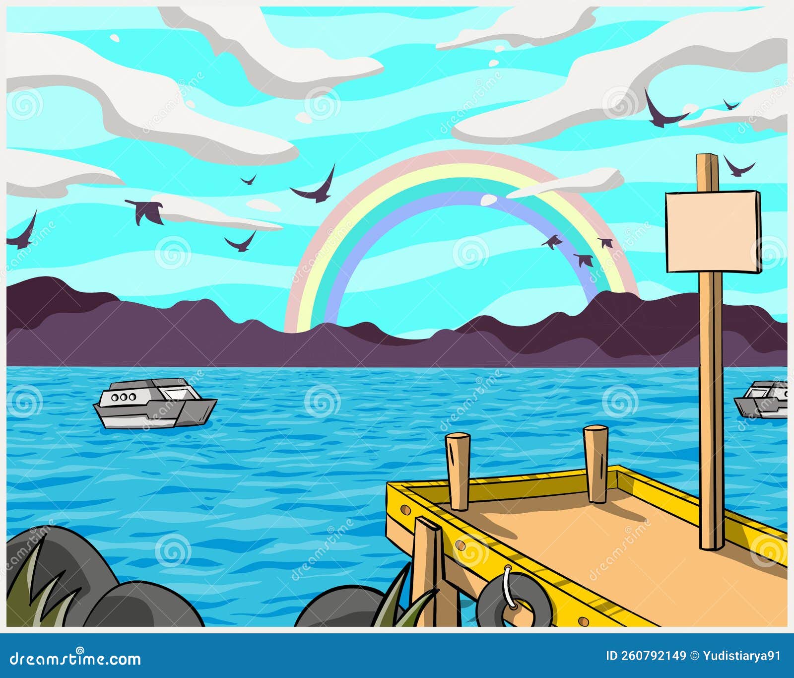 Ship Harbor Beautiful View with Rainbow Stock Vector - Illustration of ...