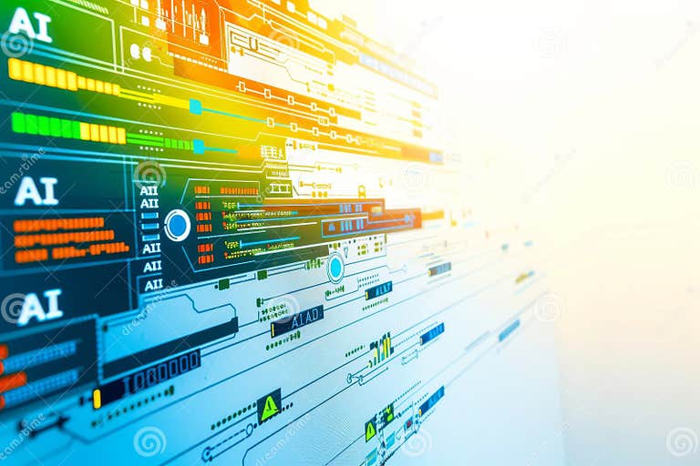 AI Data Flow with Colorful Elements on Blue Background Stock Image ...