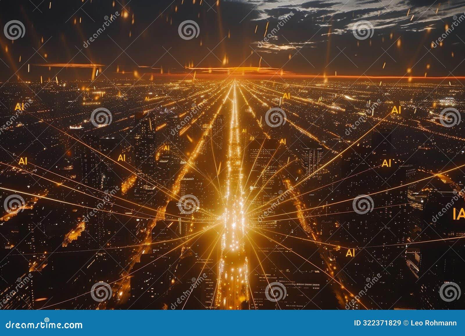 AI Digital Network, Golden Light Trails, Futuristic Tech Connections ...