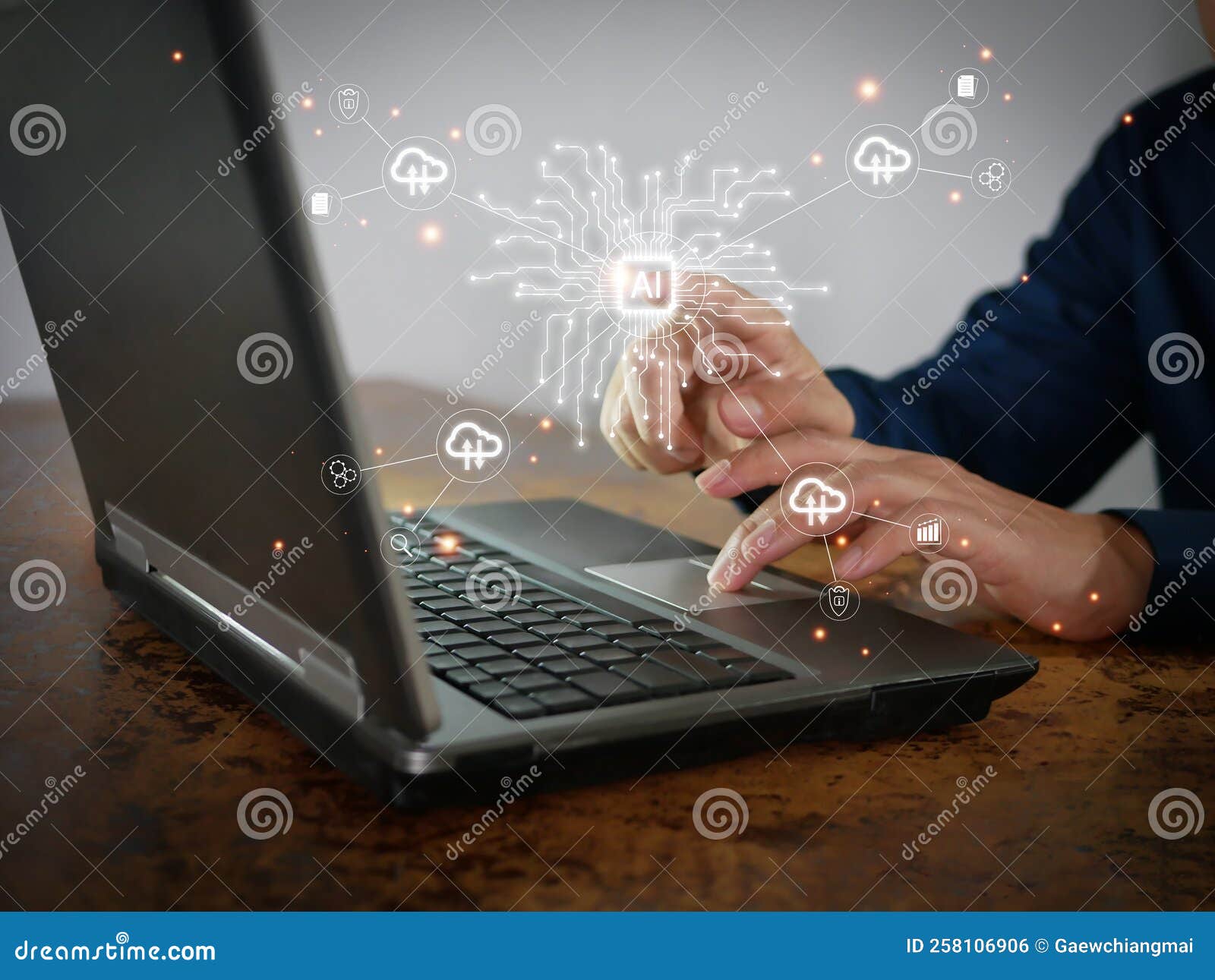 AI Digital Transformation, a Man Using Computer Touching Virtual Screen ...