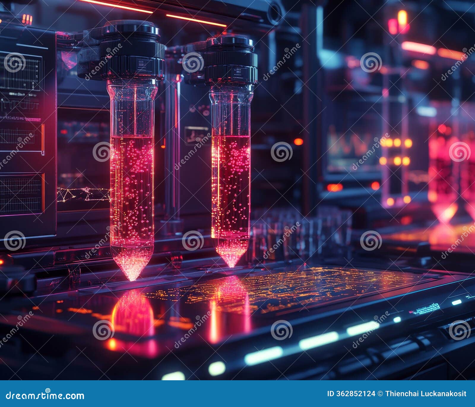 AI Driven Molecular Research Setup with Glowing Liquid in Test Tubes ...