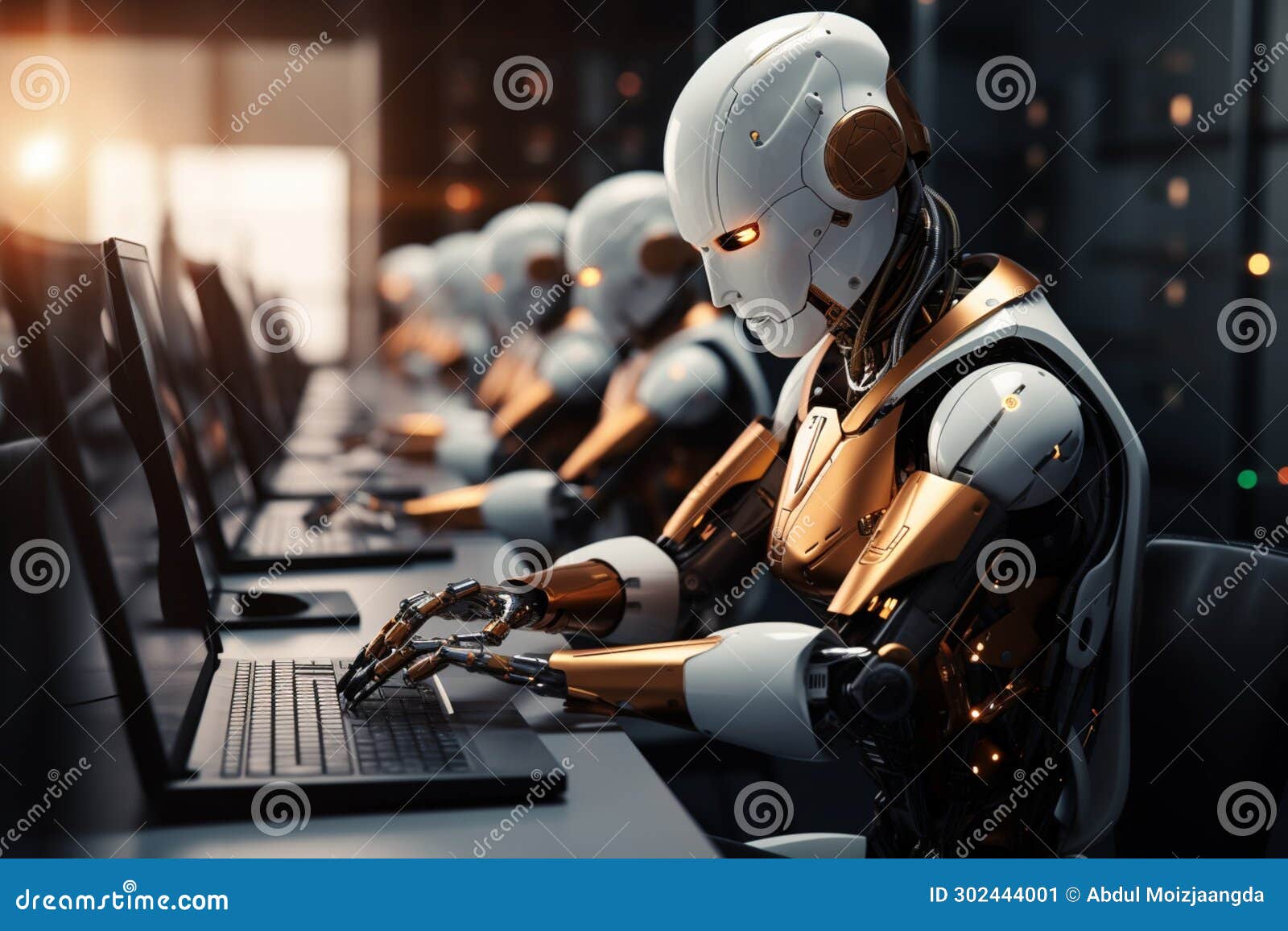 AI Driven Robot in a Modern Office, 3D Rendering Futuristic Workspace ... AI Driven Robot in a Modern Office, 3D Rendering Futuristic Workspace ...
