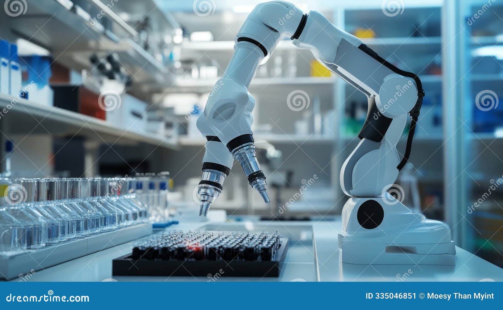 Futuristic AI Robotic Arm in High-Tech Biotech Lab Stock Illustration ...