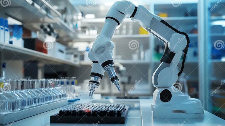 Futuristic AI Robotic Arm in High-Tech Biotech Lab Stock Illustration ...