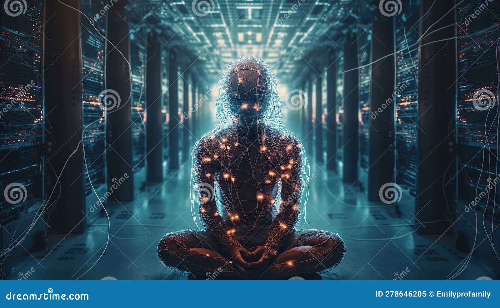AI-enhanced, Neural Illustration of Human in Lotus Position, Wired To ...