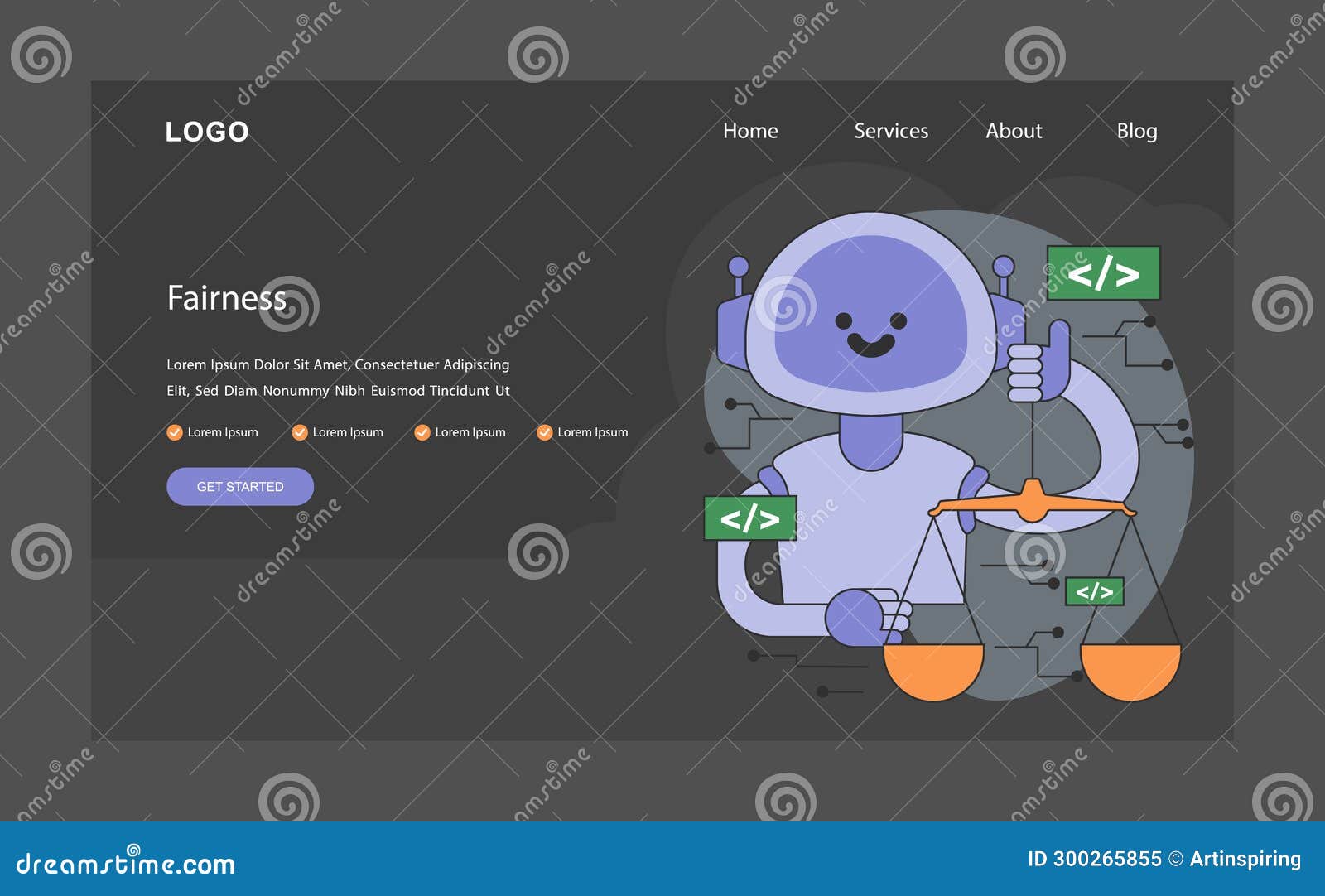 AI Ethics Dark or Night Mode Web, Landing. Robot Balanced Scales ...