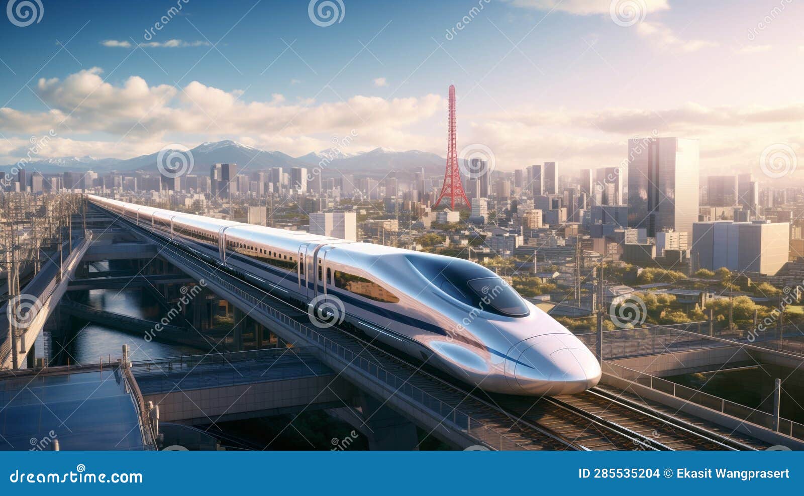 AI Generative. High Speed Bullet Train with Big Modern City Background ...