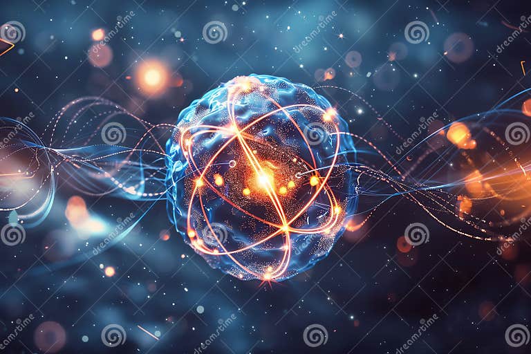 Abstract Image of an Atom with Glowing Particles and Complex Structure ...