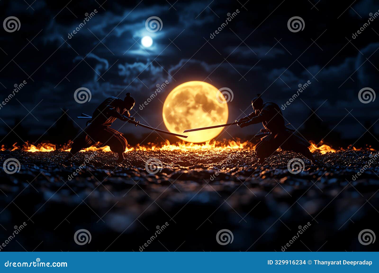 Two Samurai Warriors Battle Under a Full Moon with Swords, Surrounded ...