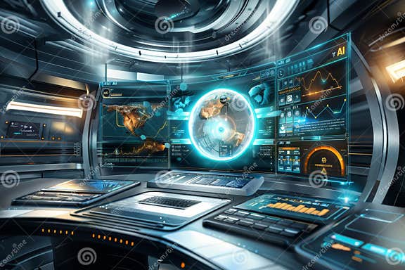 Advanced AI Command Center with Digital Screens and Holographic Data ...
