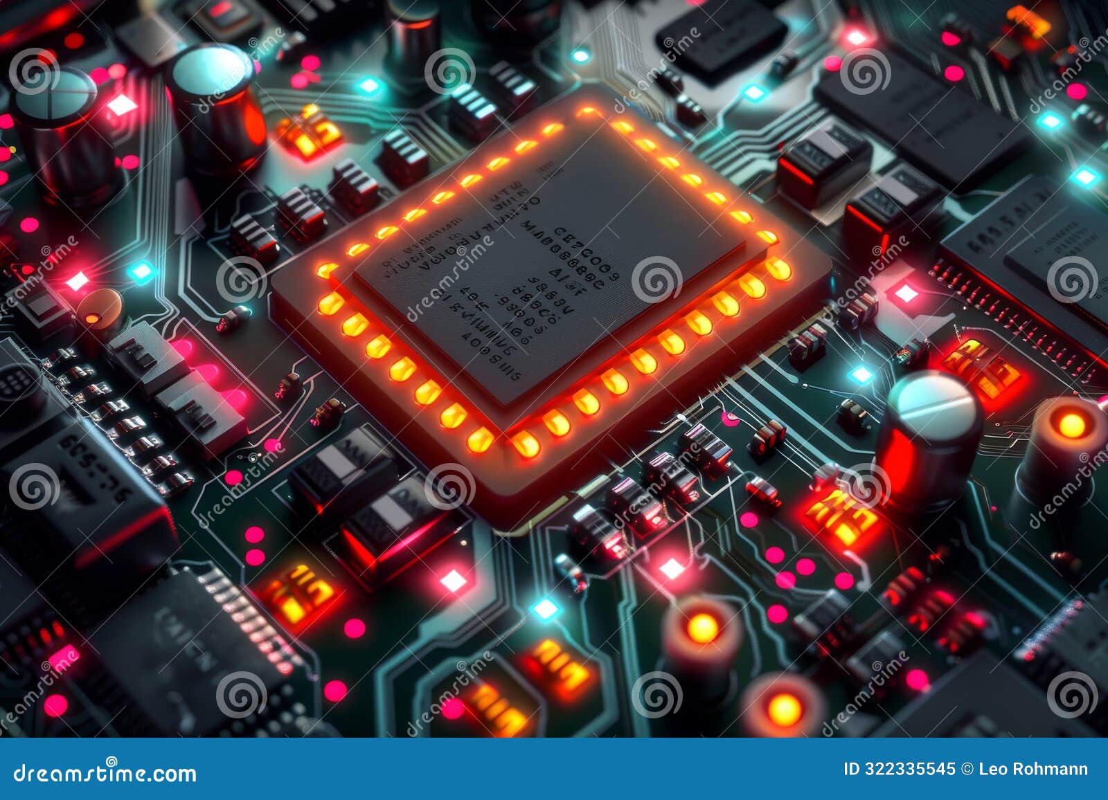 Advanced AI Microchip with Neon Glow on Circuit Board, Futuristic Digital Processor Stock ...