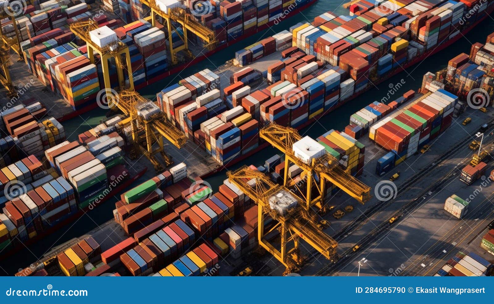AI Generated. Aerial View Closed Up Container Ship In Port At Container ... AI Generated. Aerial View Closed Up Container Ship In Port At Container ...