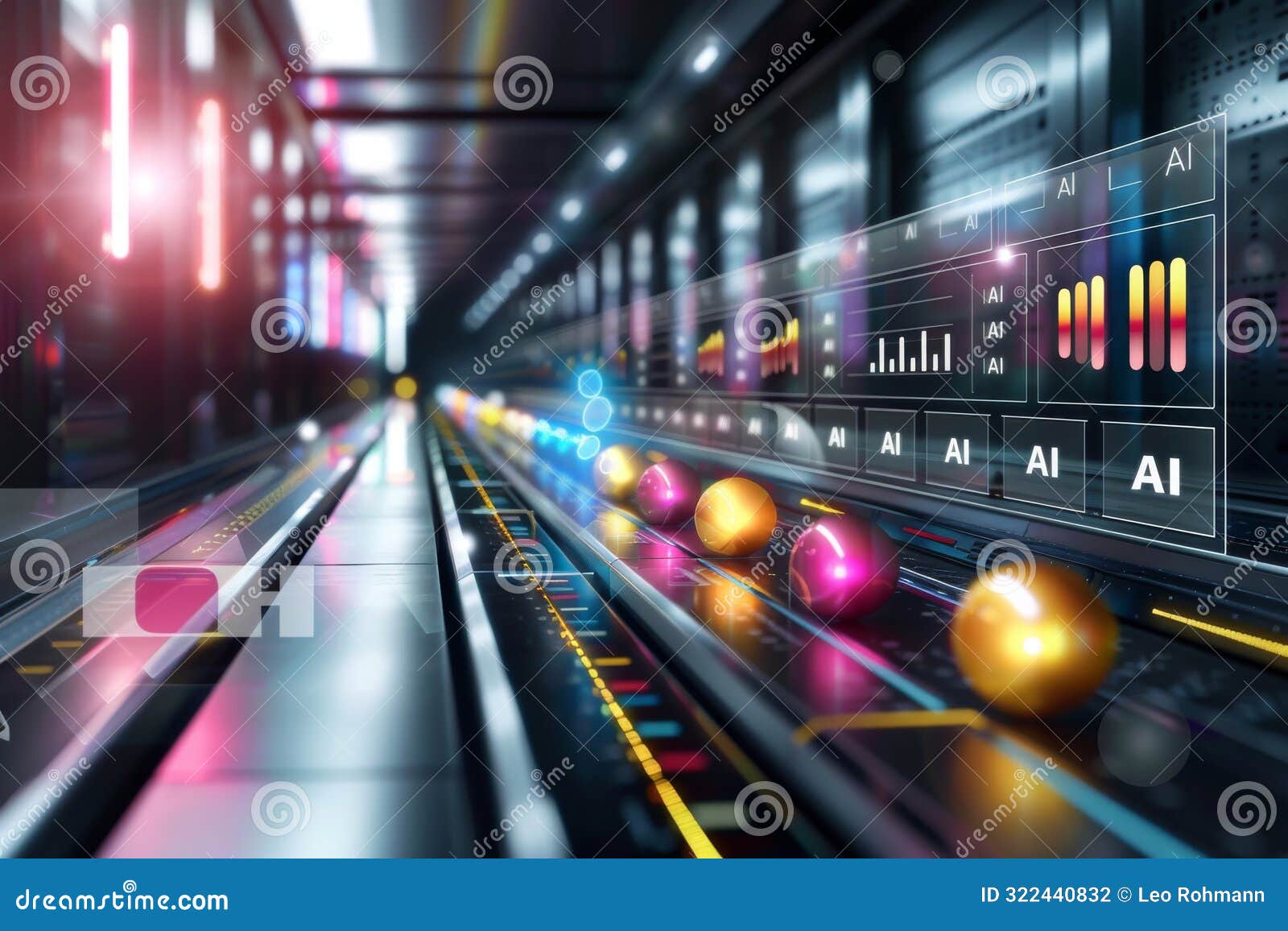 AI Data Processing in High Tech Server Room with Neon Elements and Digital Interface Stock ...