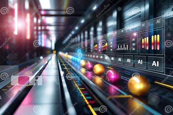 AI Data Processing in High Tech Server Room with Neon Elements and Digital Interface Stock ...