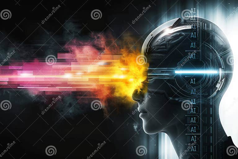 AI Head with Glowing Data Streams, Digital Brain Visualization ...