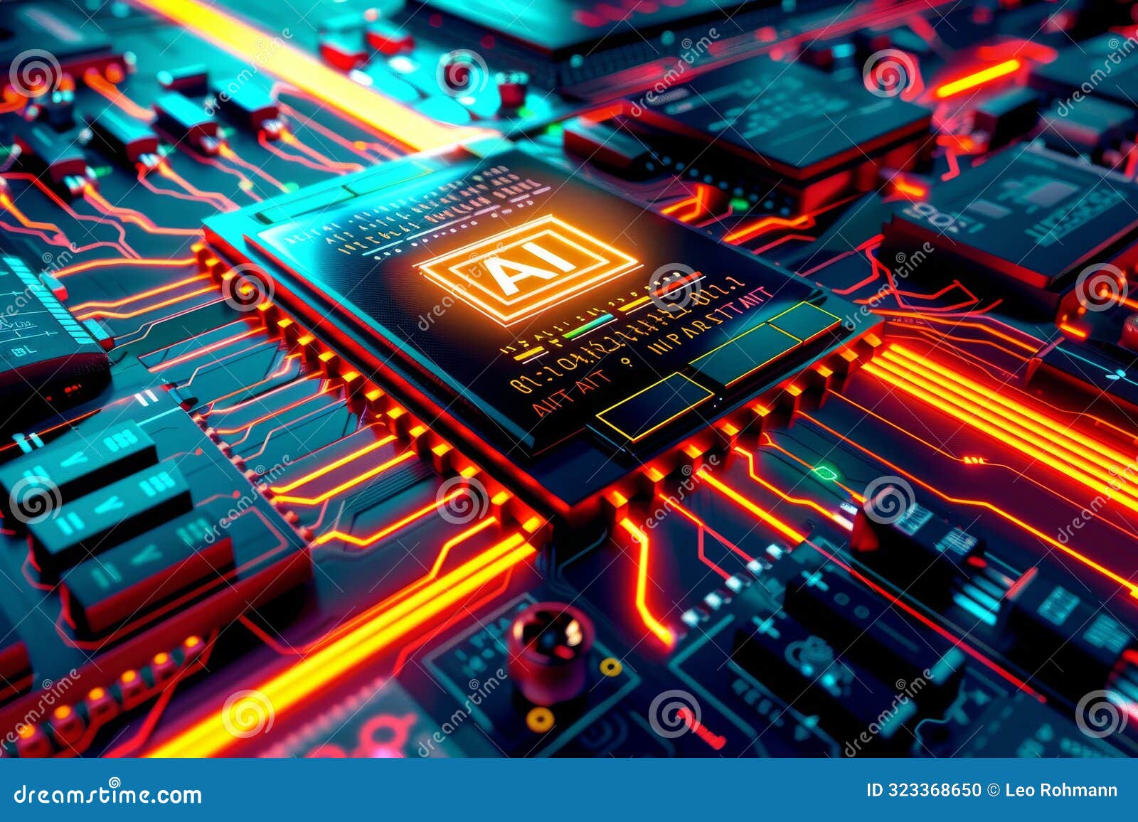 AI Microchip with Glowing Circuits on a High Tech Board Representing Advanced Artificial ...