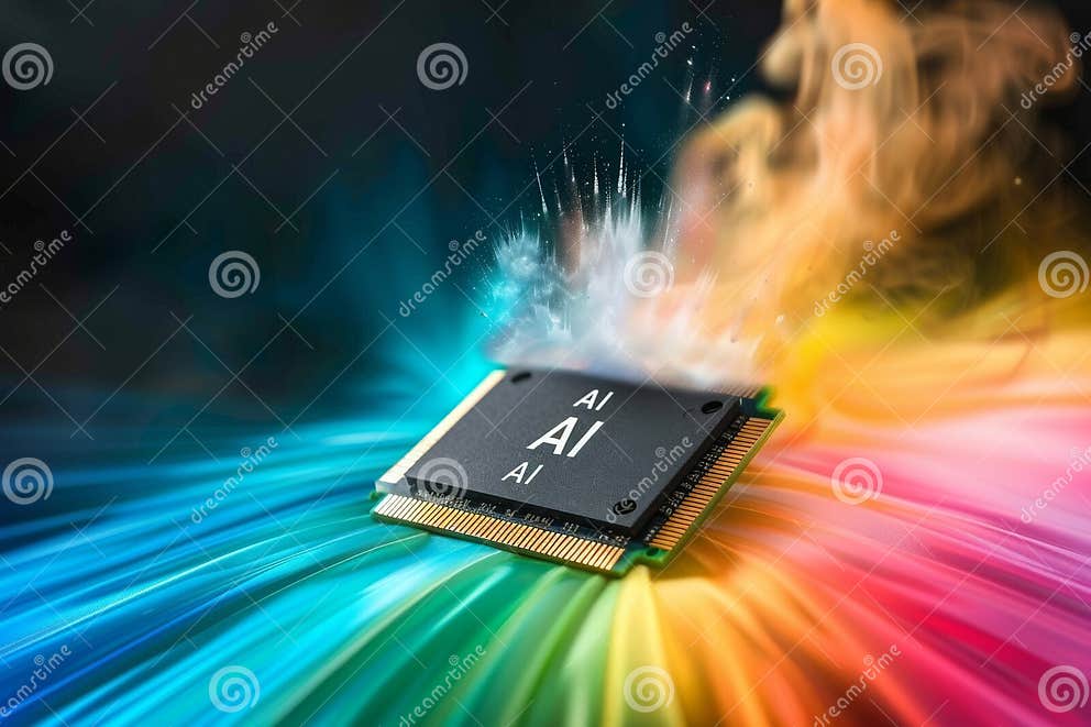 AI Microchip with Rainbow Light Effects and Smoke Stock Illustration ...
