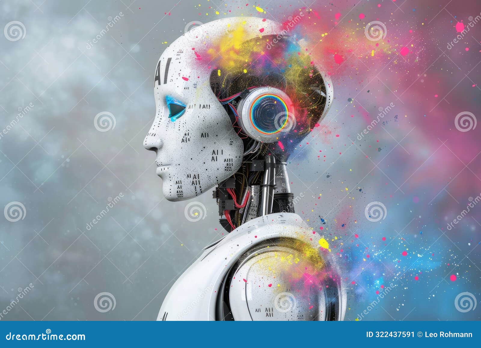 AI Robot with Colorful Data Particles, Digital Art Illustration ...