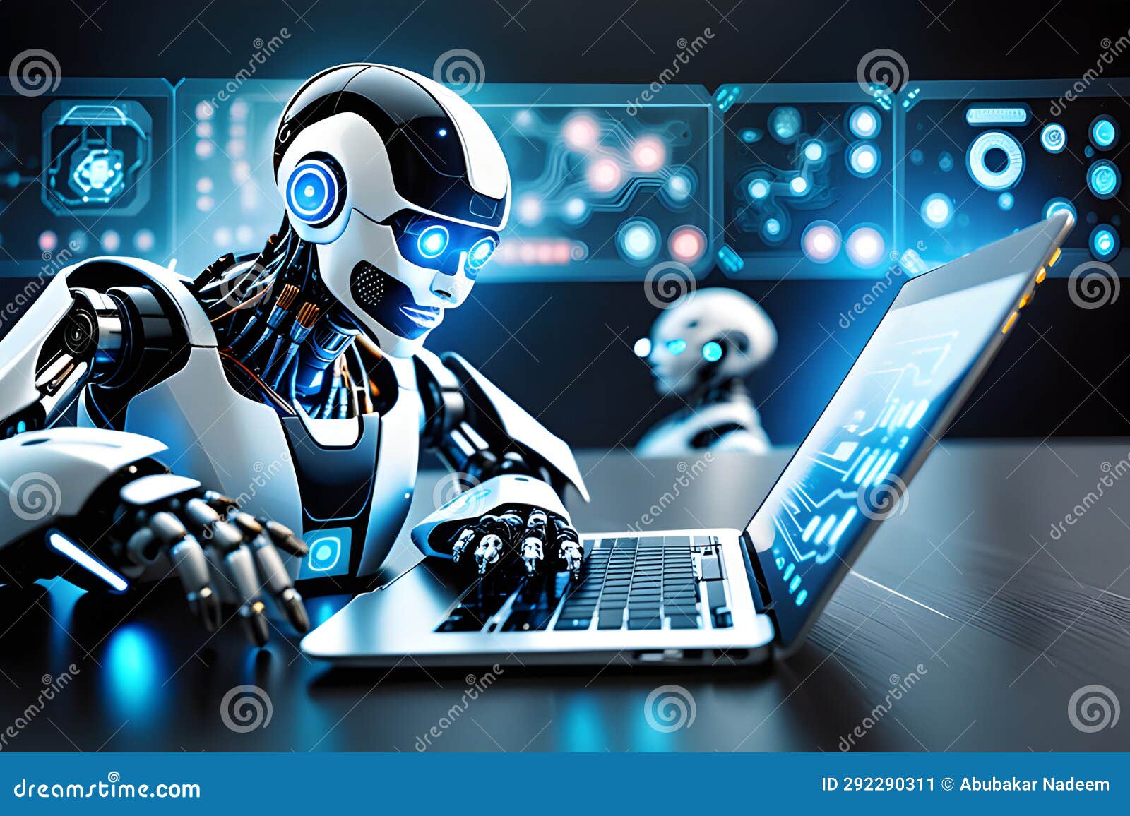 An Ai Robot Using a Computer, Digital Advanced Technology Stock Illustration - Illustration of ...