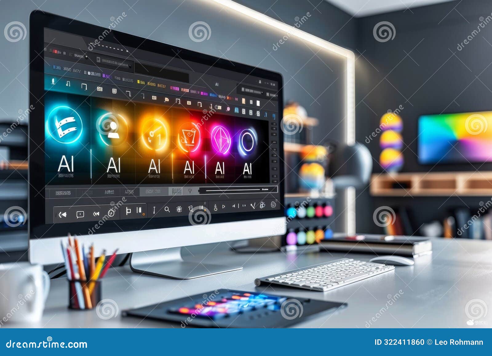 AI Workstation with Colorful Interface, Digital Art, Technology ...