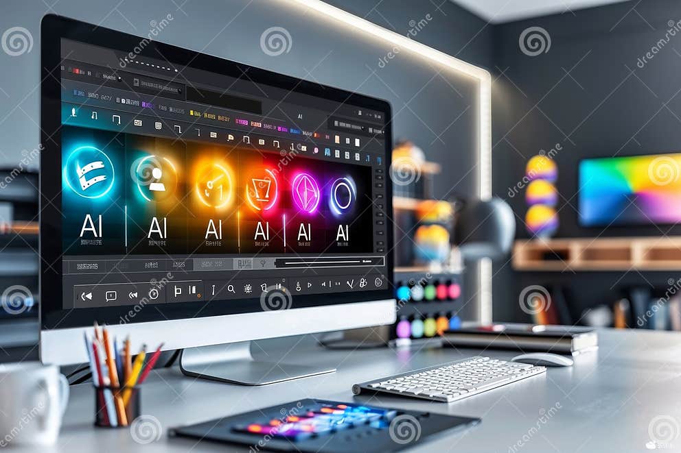 AI Workstation with Colorful Interface, Digital Art, Technology ...