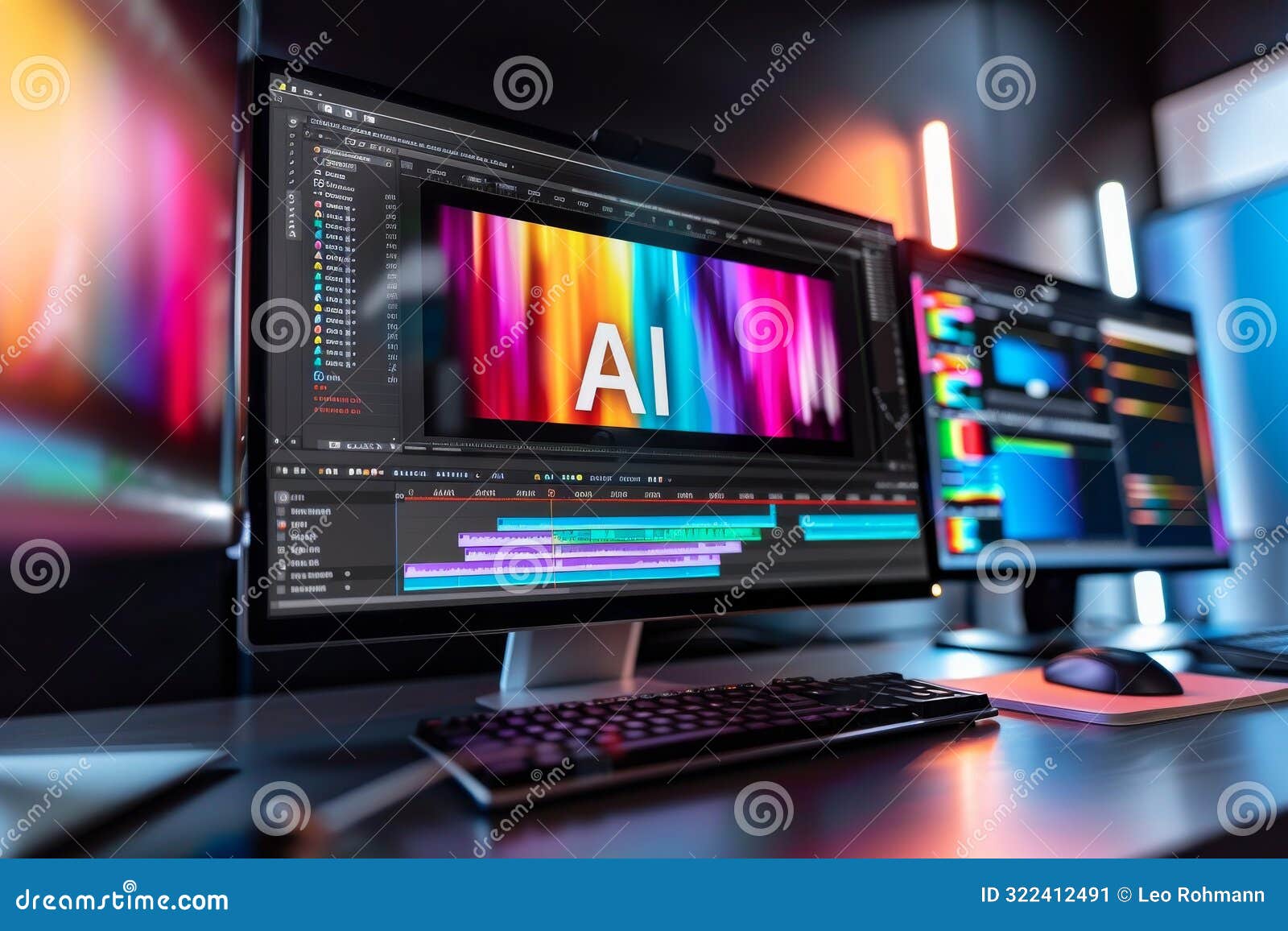 AI Workstation with Colorful Screens, Digital Art, Technology ...