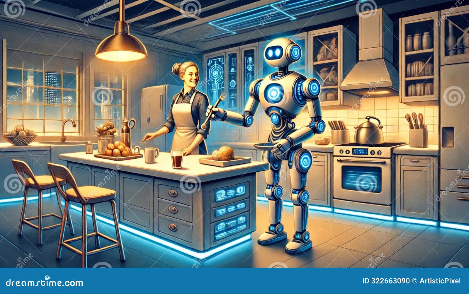 Helper Robot in a Futuristic Kitchen Stock Illustration - Illustration ...