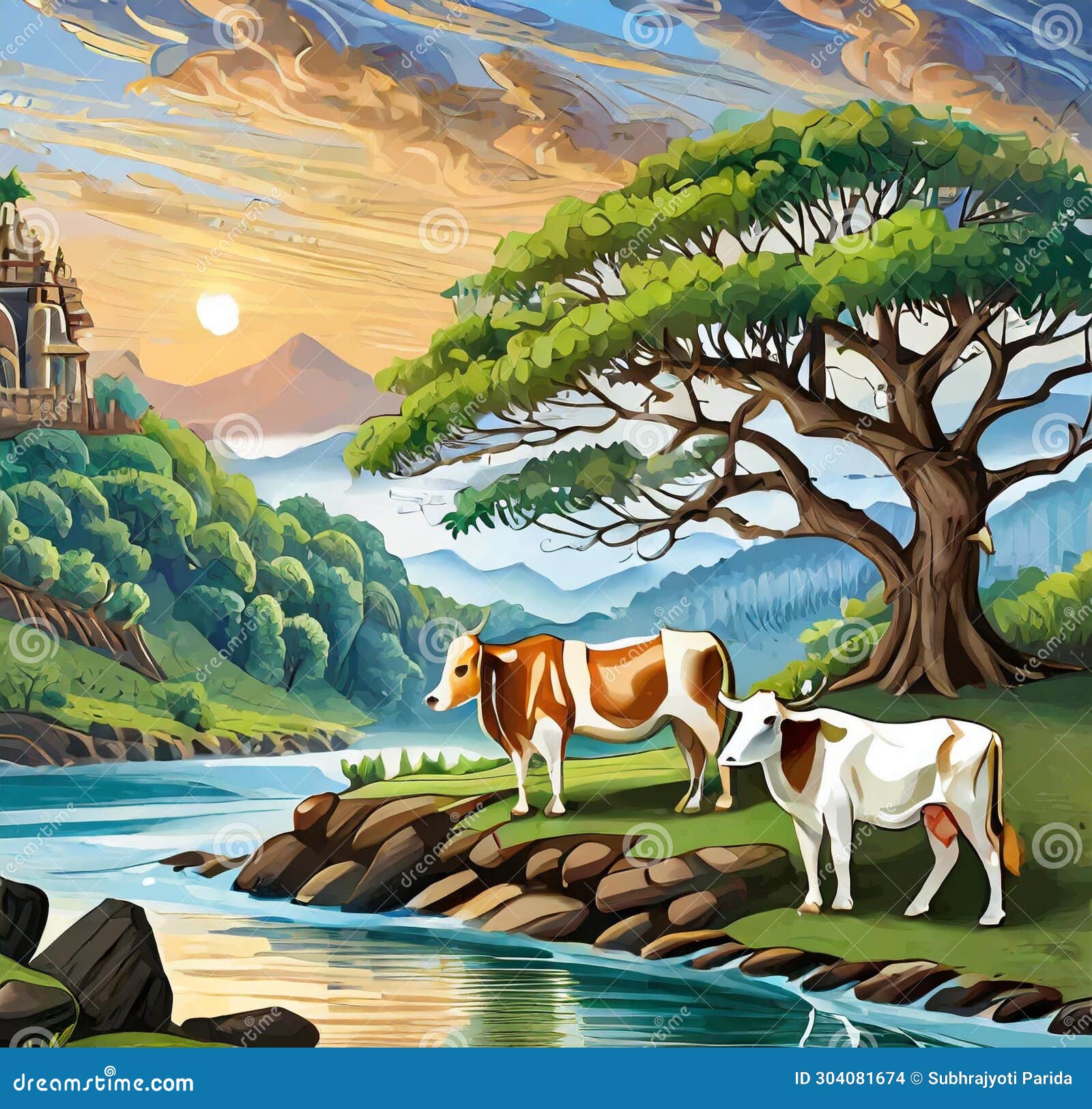 AI Generated Artwork of Cows Grazing Under a Tree and Besides a River ...
