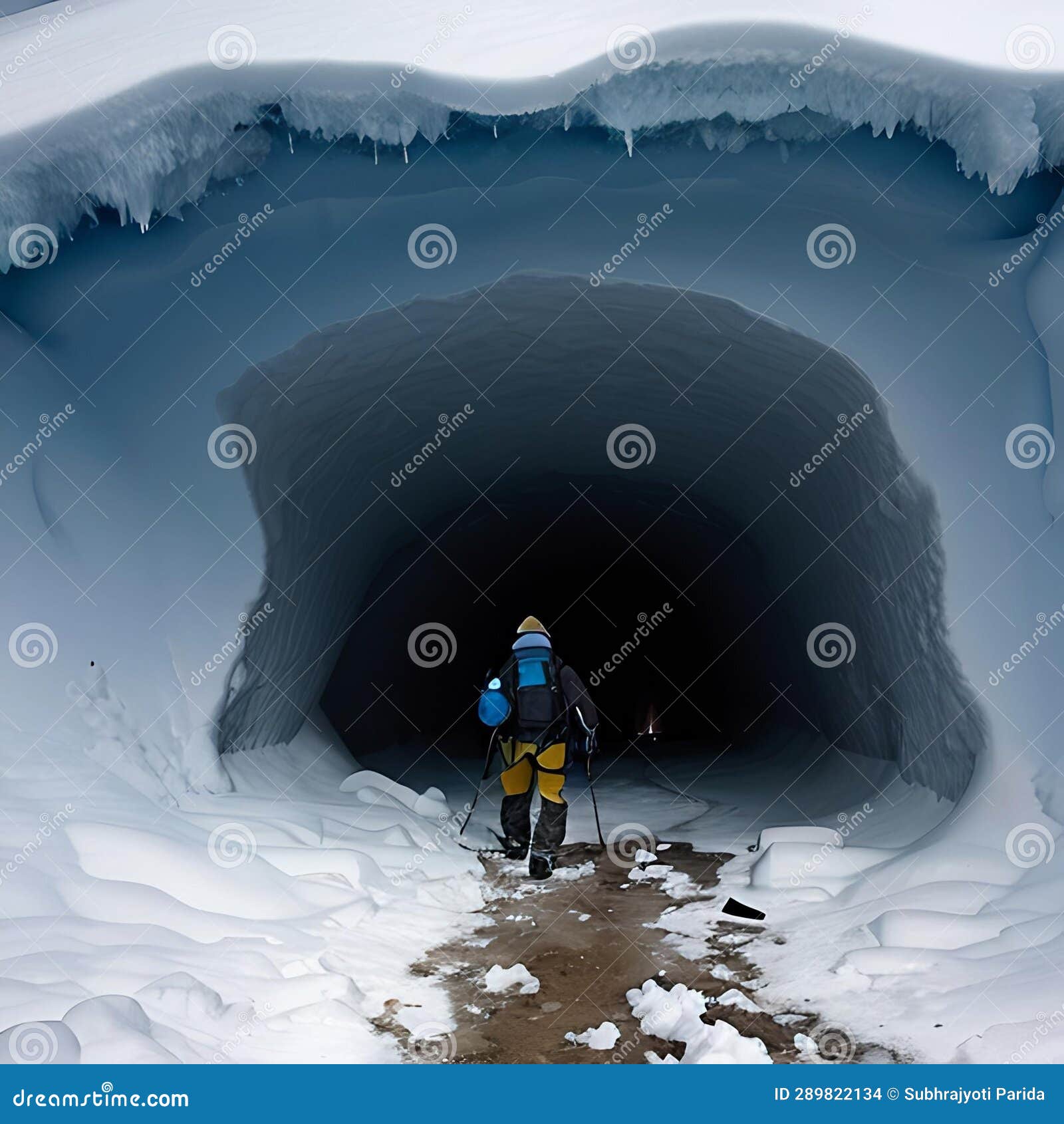 AI Generated Artwork of an Explorer Entering into a Snow Covered Cave ...