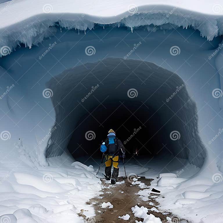 AI Generated Artwork of an Explorer Entering into a Snow Covered Cave ...