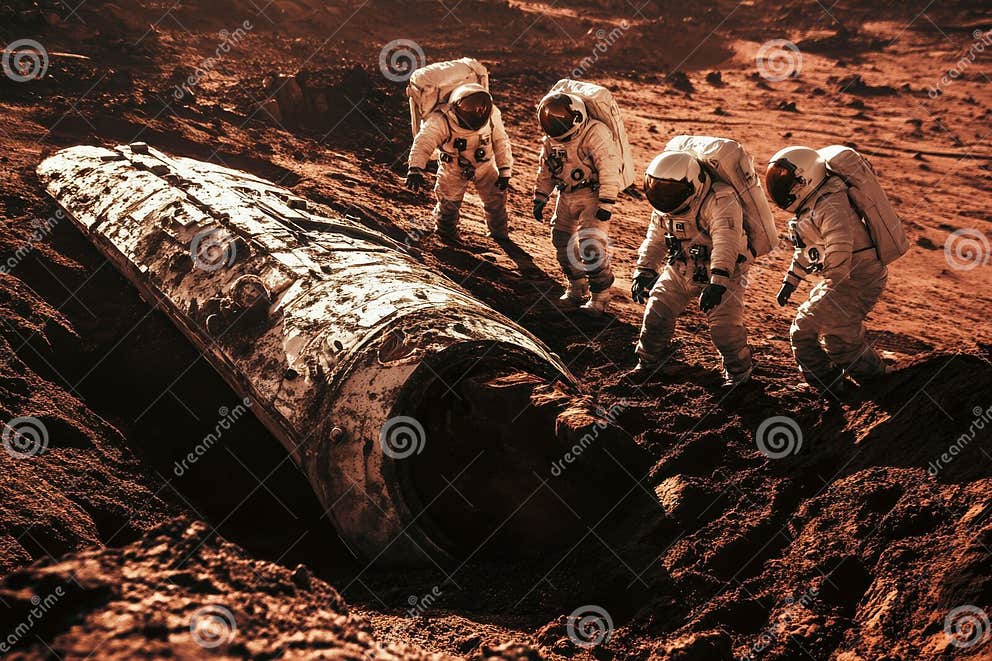 Astronauts Explore Crashed Spacecraft on Mars Stock Illustration ...