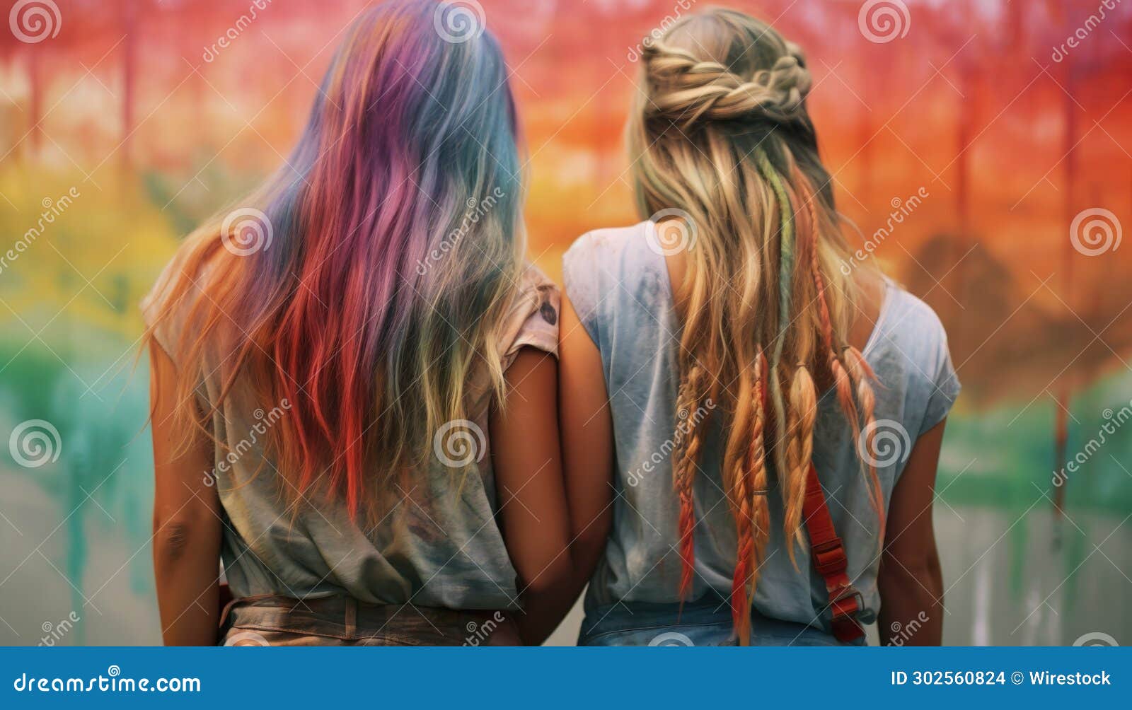 AI Generated Back View of Girlfriends with Long Hairs Stock ...