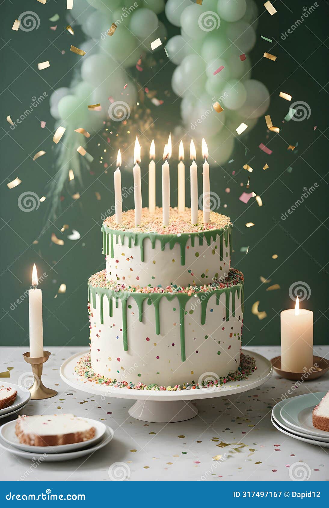 A Birthday Cake with Confetti Raining Down on the Table Stock ...