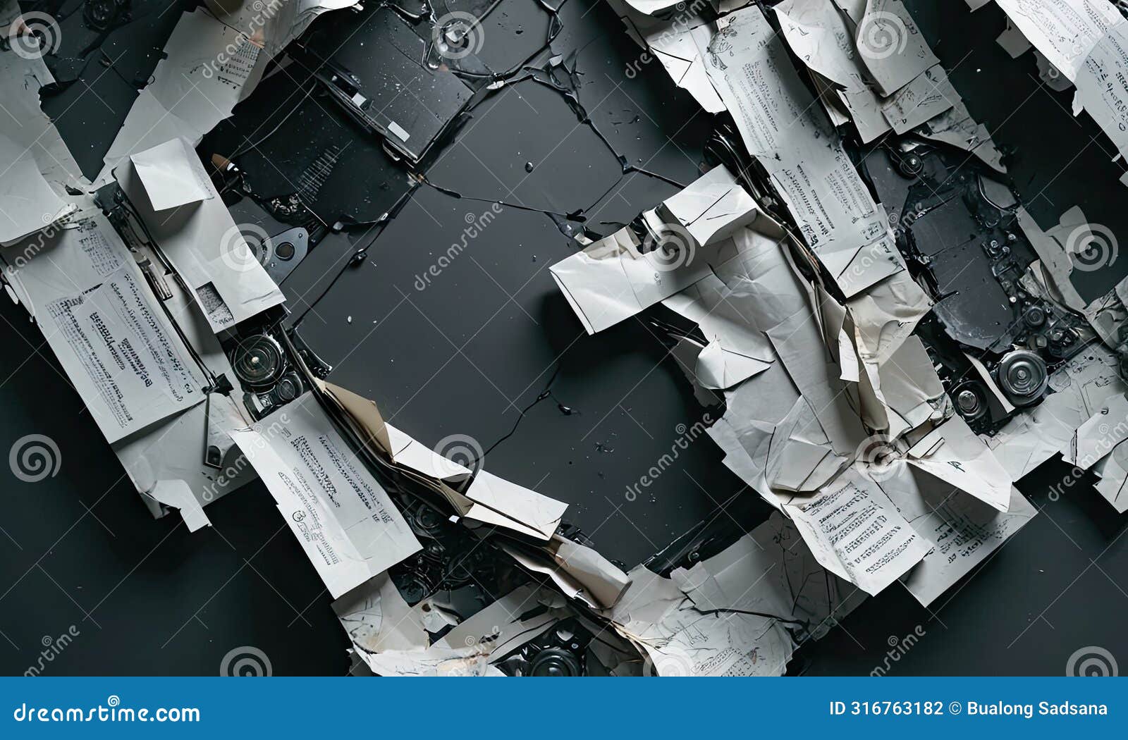 A Black and White Picture of a Wall with a Lot of Torn Paper on it ...