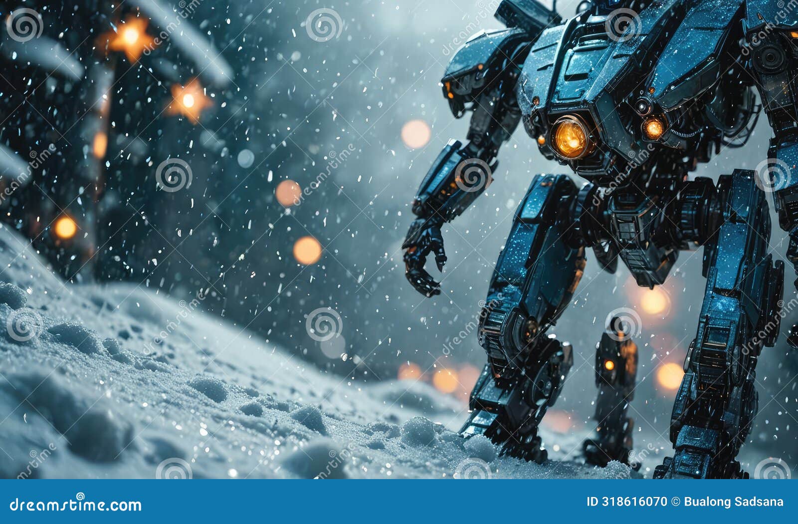 A Robot is Standing in the Snow with a Blue Body and Orange Lights on ...