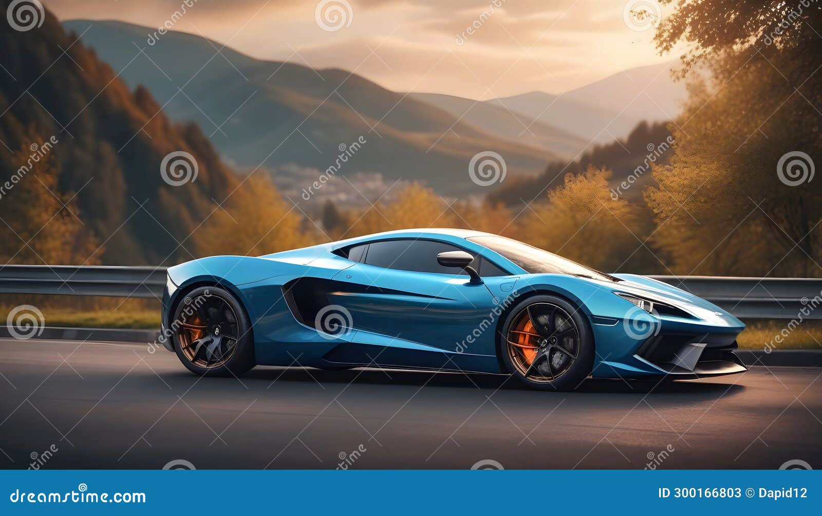 The Blue Super Car is Driving Down a Mountain Road Stock Illustration ...