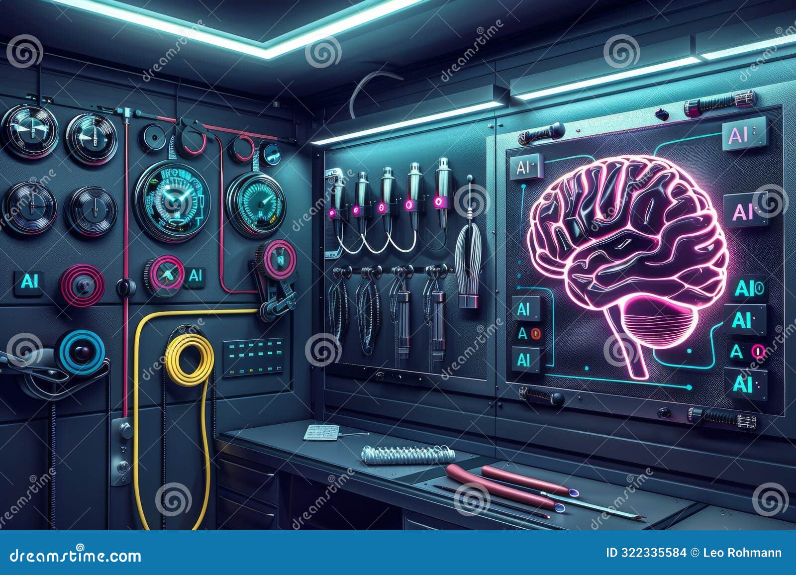 AI Brain Interface in High Tech Control Room, Futuristic Technology ...