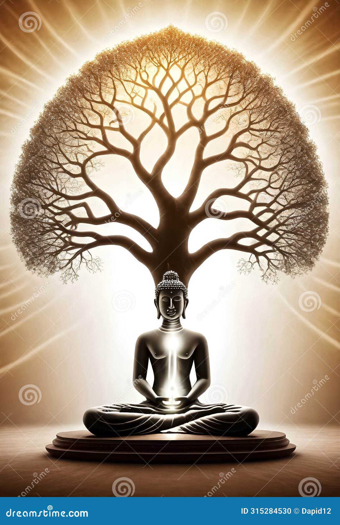 A Buddha Statue Sitting Under a Bodhi Tree with Rays Coming from it ...