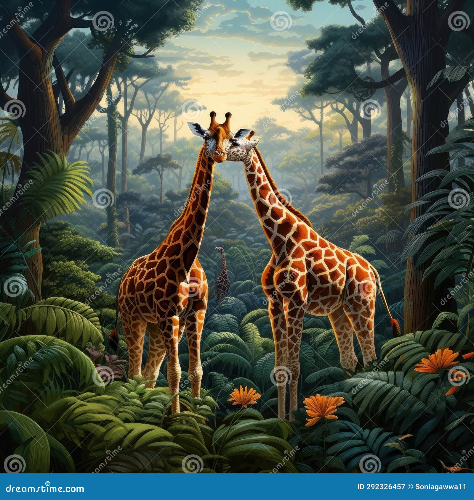 Group of Giraffes Gracefully Moving through a Dense African Forest ...