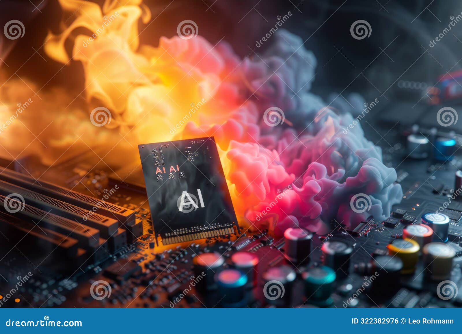 AI Chip on a Futuristic Circuit Board with Fiery Explosion Effect ...