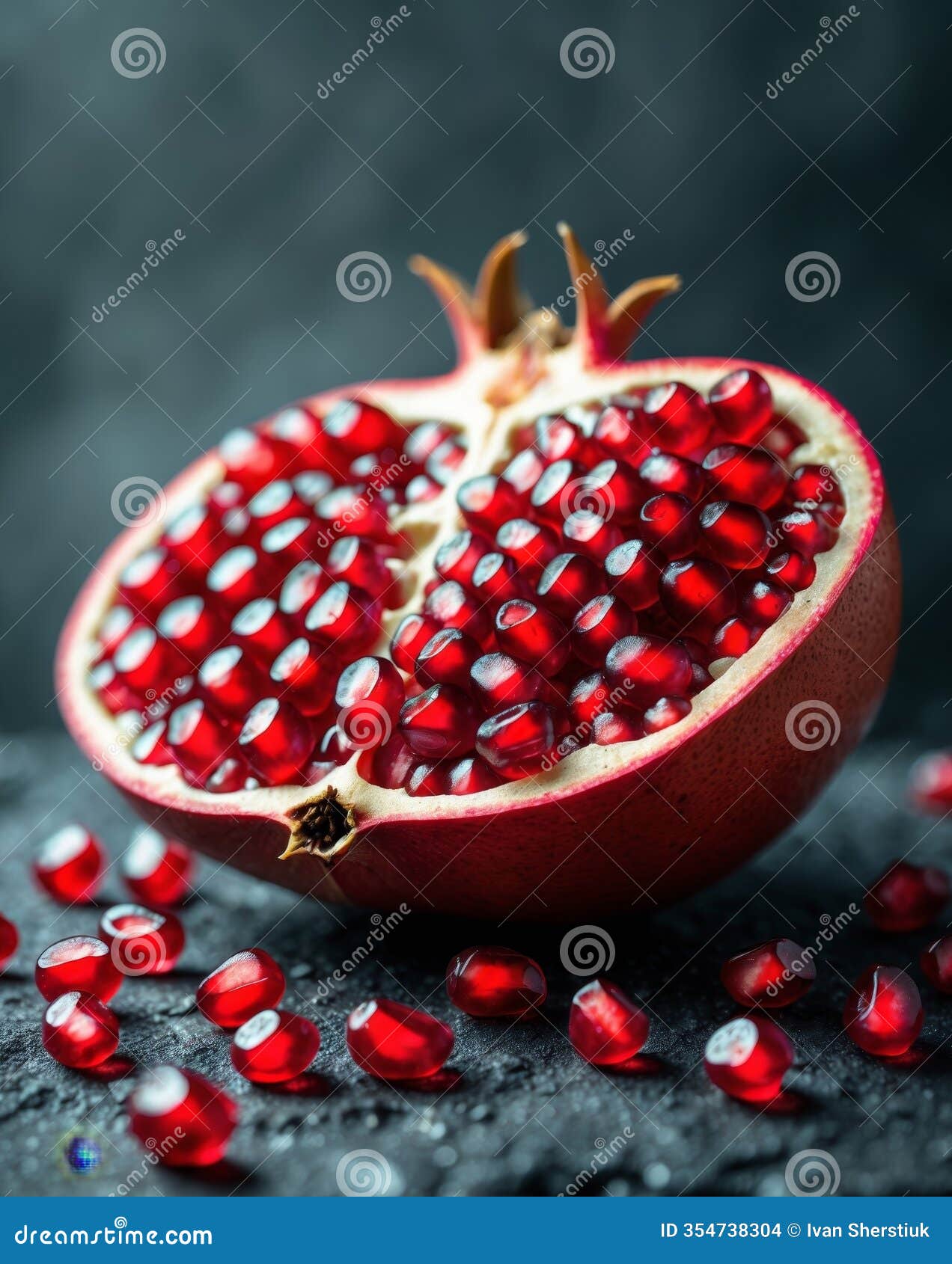 Close Up of Split Pomegranate with Glowing Red Seeds on Dark Textured ...