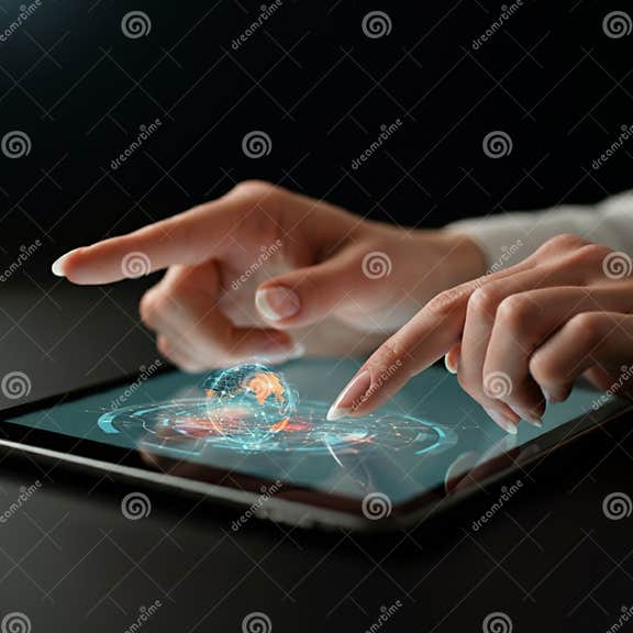 AI Generated Close-Up of Two Hands Using a Tablet with a Globe and Interactive Graphics Stock ...