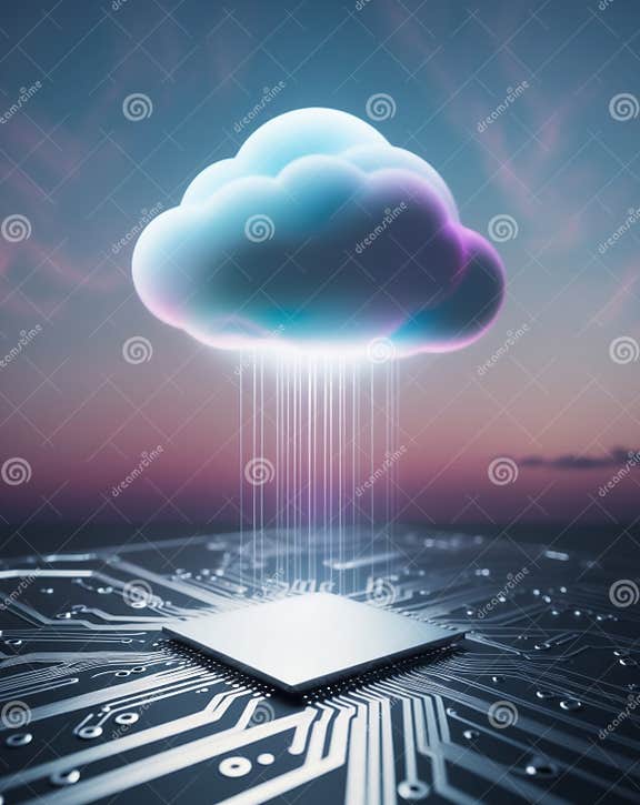Cloud Computing Technology a Glowing Cloud Hovers Over Futuristic Circuitry Under a Neon Lit Sky ...