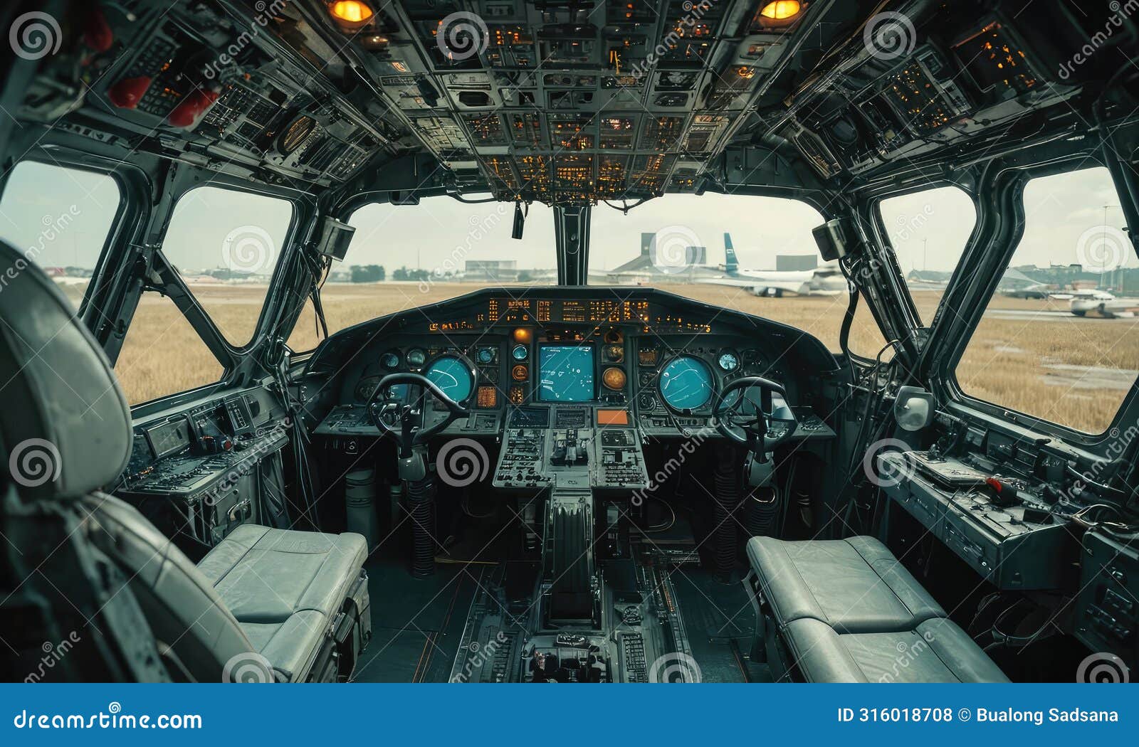 A Cockpit of a Plane with a View of the Runway. Stock Illustration ...