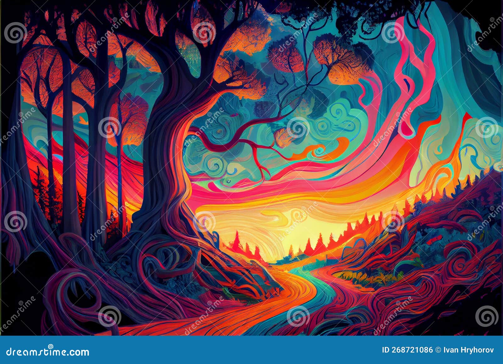Psychedelic Landscape View - AI Generated Colorful Fantasy Forest Stock Illustration ...
