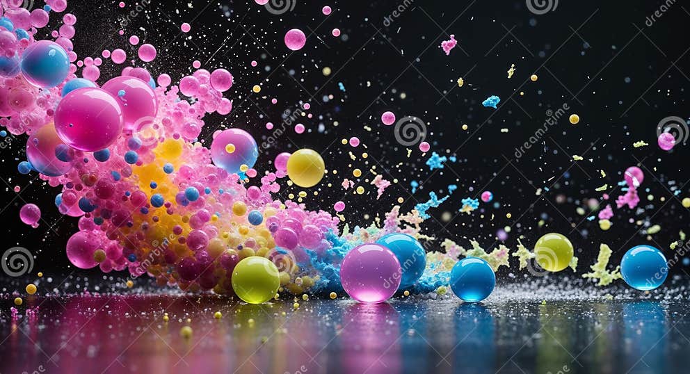 Colorful Spheres Exploding and Creating Abstract Design on Dark ...