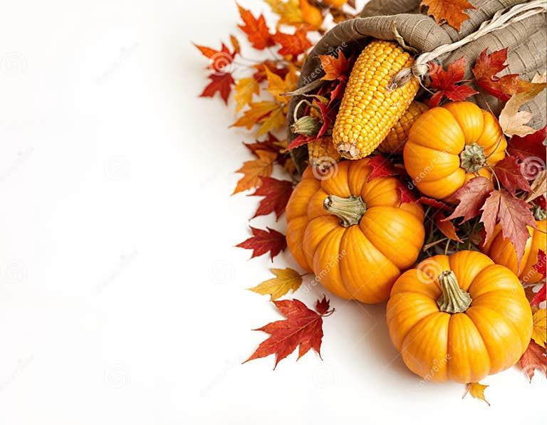 A Cornucopia Basket Full of Pumpkins and Corn on a White Background ...