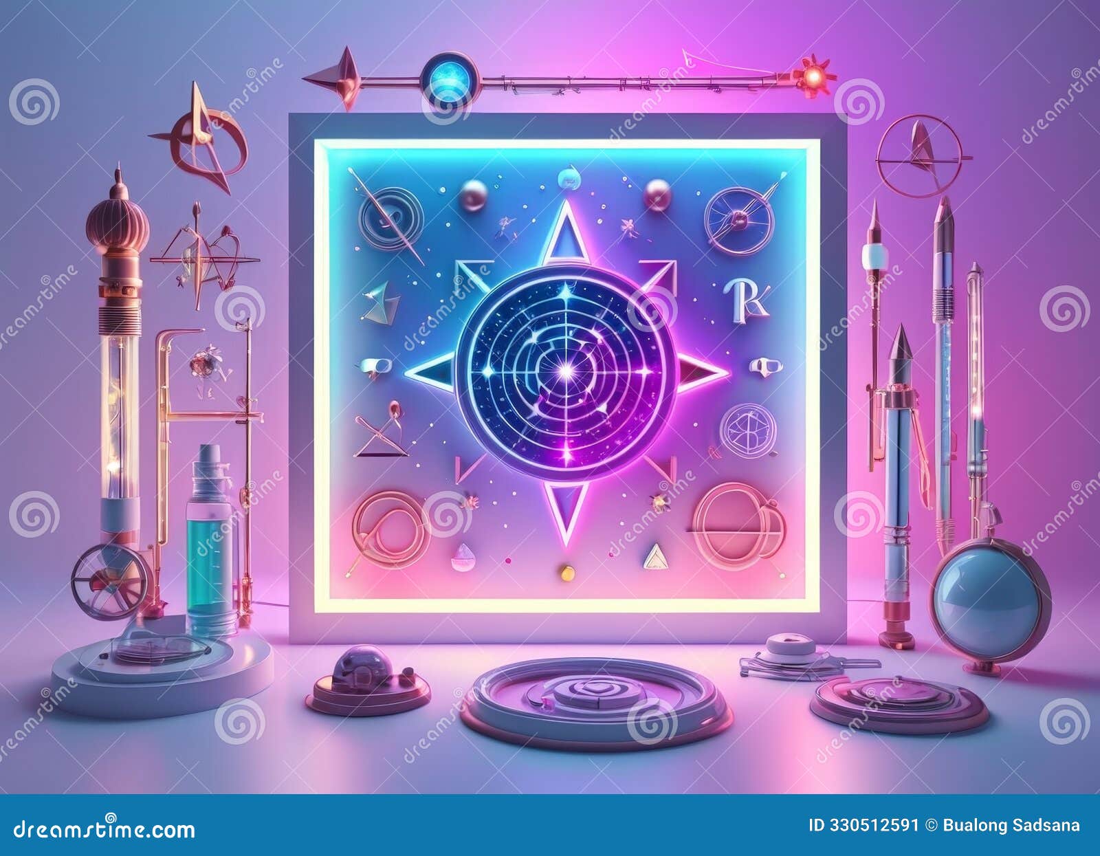 Futuristic Space Station with Map and Rockets Stock Illustration ...