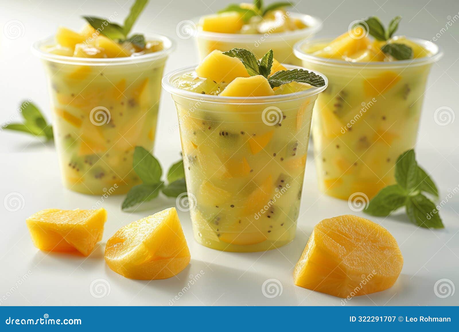 Creamy Mango Pudding Cups Topped with Fresh Mint Leaves, Presented in ...