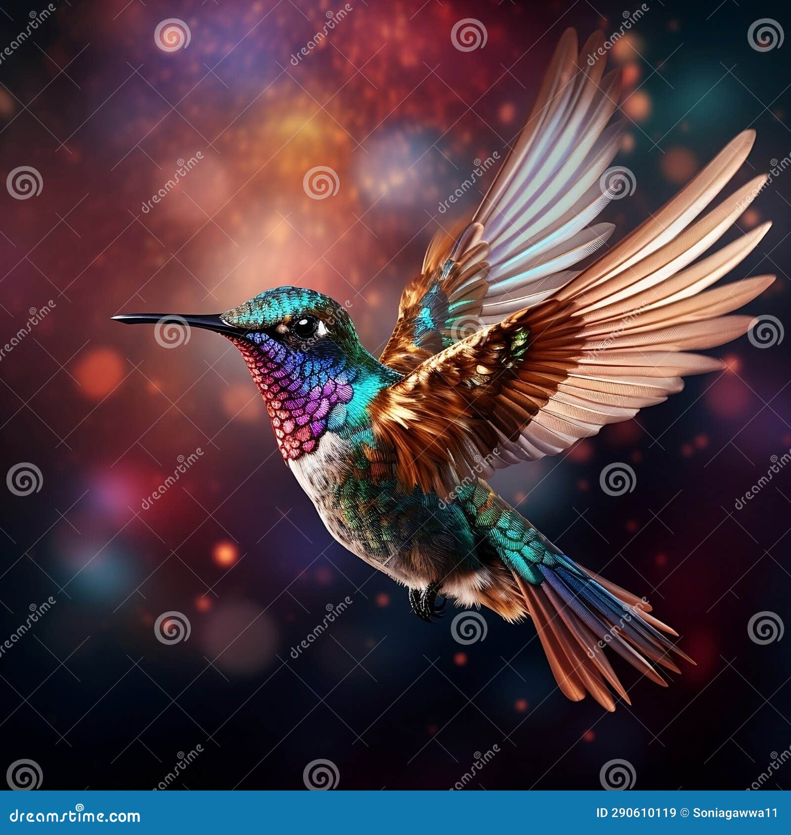 Dynamic Image of a Hummingbird Suspended Mid-flight, Its Iridescent ...
